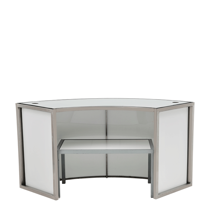 Hire Unico Curved DJ Booth with Stainless Steel Frame and White Panels ...