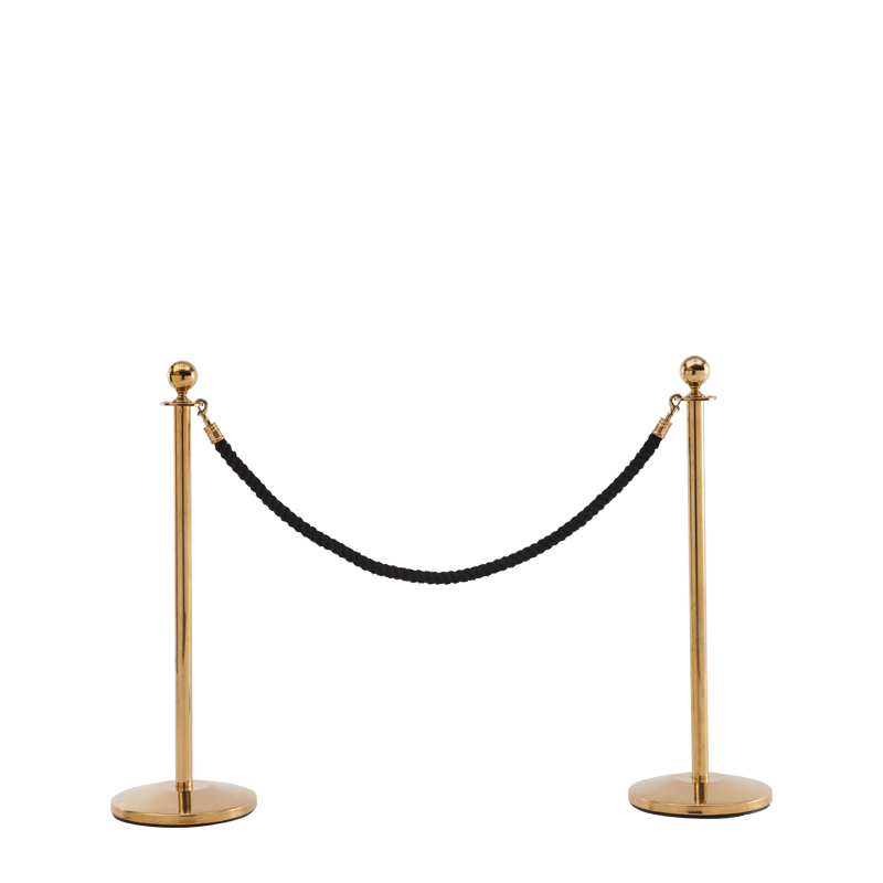 Stanchion in Gold Brass with Black Rope Hire | Options Greathire London