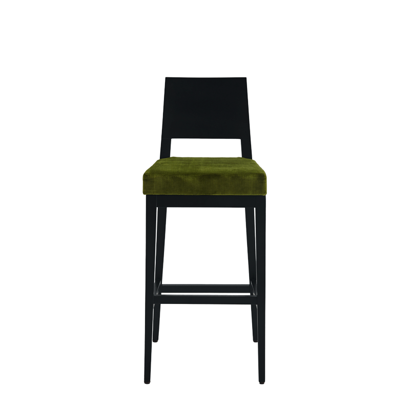 Porcino Bar Stool in Black with Chartreuse Green Velvet Seat Pad Hire ...