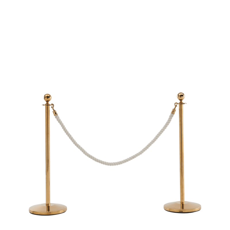 Stanchion in Gold Brass with White Rope Hire | Options Greathire London